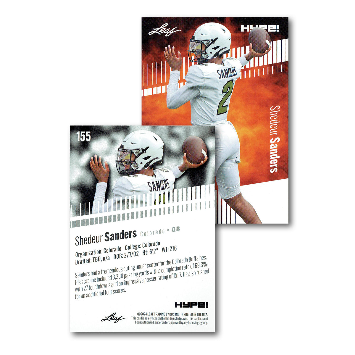Mint Shedeur Sanders 2024 Leaf Hype #155 Limited Edition Rookie Card ...